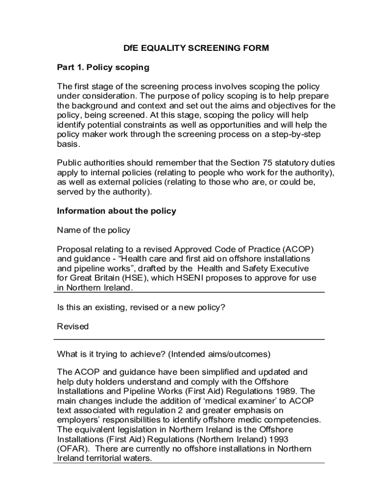 Fillable Online Offshore First Aid ACOP - Equality Screening Form Fax ...