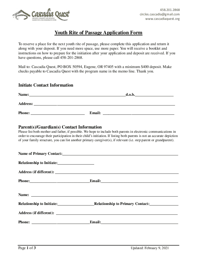 Fillable Online Youth Rite of Passage Application Form Fax Email Print ...