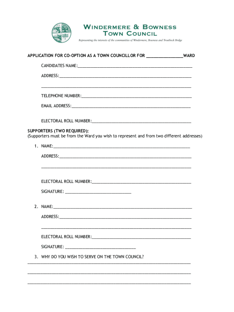 Fillable Online APPLICATION FOR CO-OPTION AS A TOWN COUNCILLOR ... Fax ...