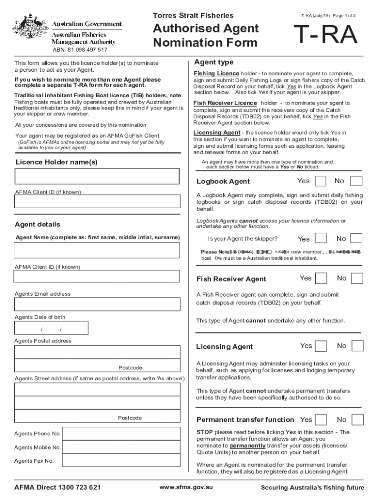 Fillable Online T-RA . Torres Strait Fisheries Authorised Agent ...