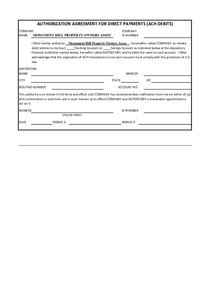 Fillable Online authorization agreement for direct payments (ach ...