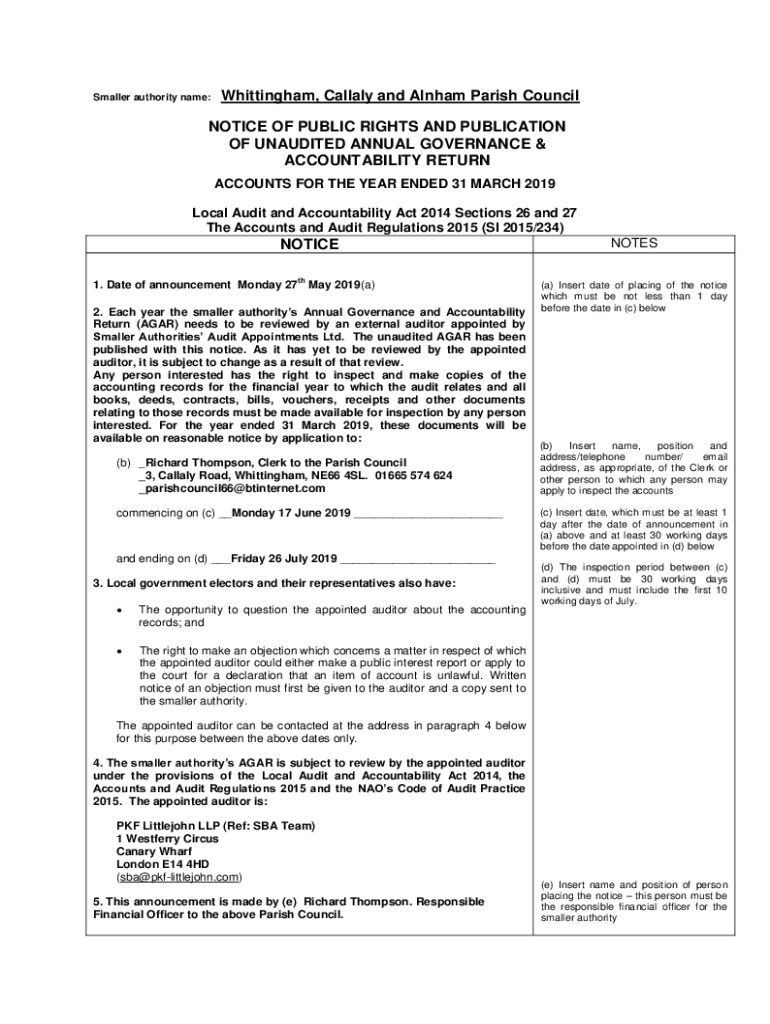 Fillable Online Smaller authority name: Whittingham, Callaly and Alnham Parish ... Fax Email ...