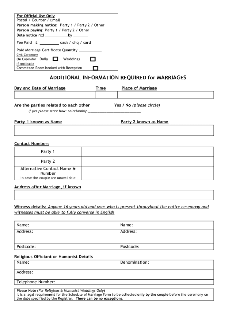 Fillable Online Additional Information for Marriages. Additional ...