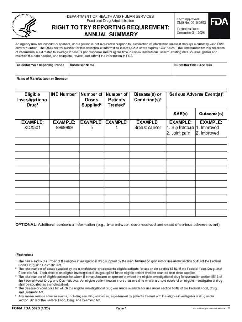 Fillable Online FORM FDA 5023. Right to Try Reporting Requirement Fax ...