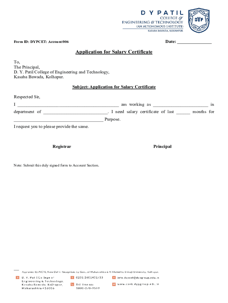 Fillable Online Application for Salary Certificate - DYPCET Fax Email ...
