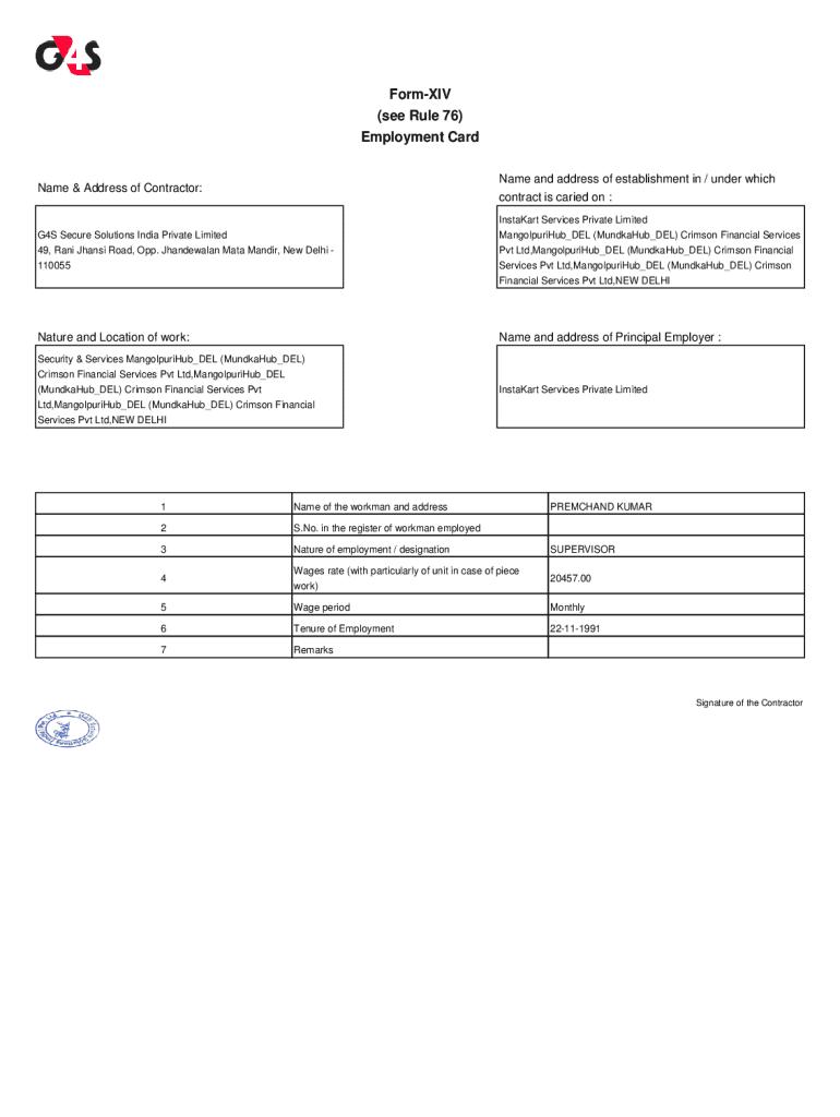 Fillable Online Bapuji Form XIV Employment Card Rule 57 to be ...
