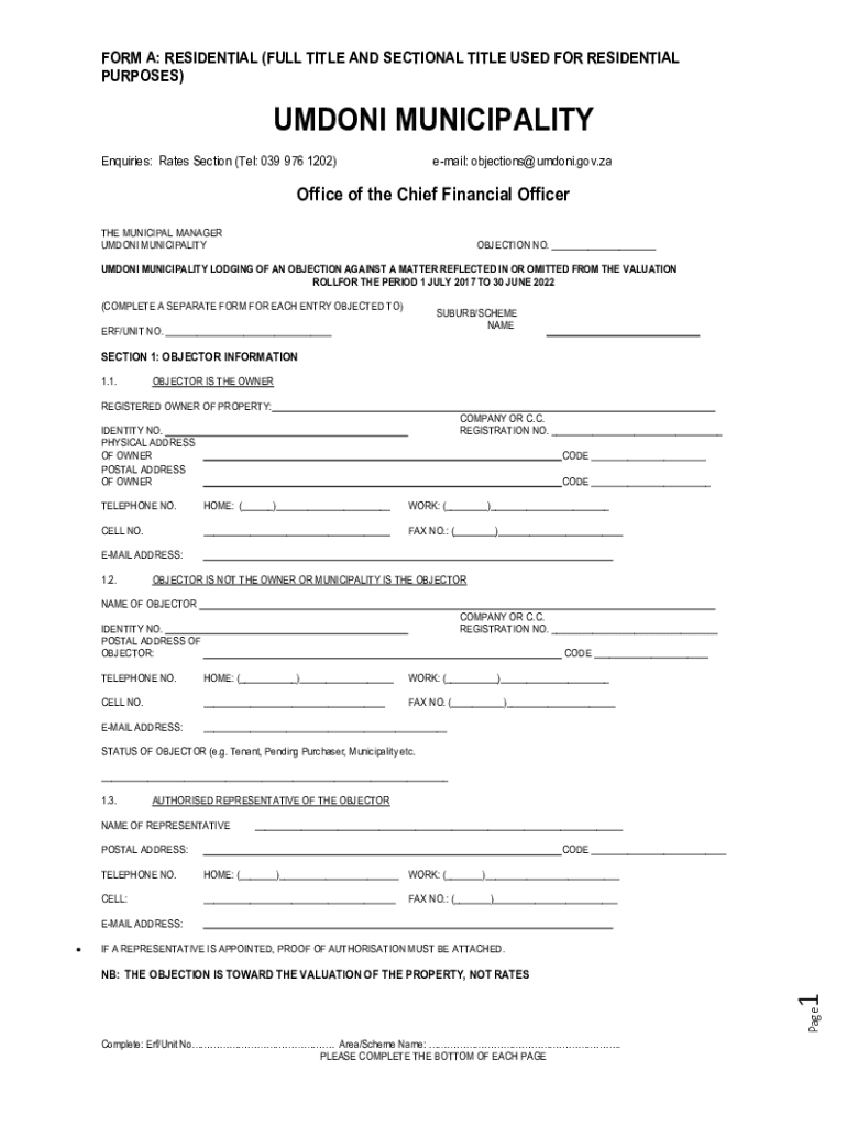 Fillable Online Residential Object Form A rev1.pdf - Umdoni ...