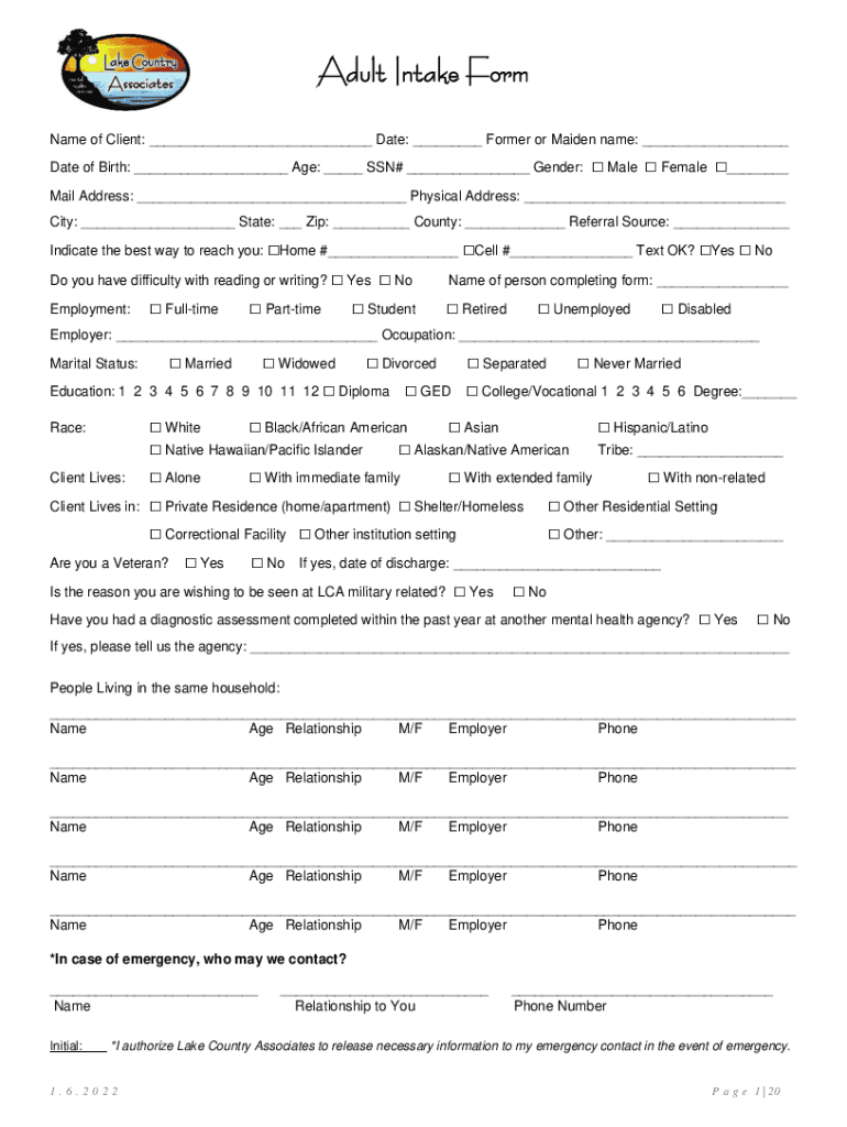 Fillable Online Adult Intake Form - Lake Country Associates Fax Email ...