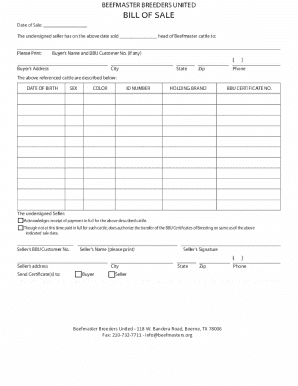 Fillable Online beefmaster breeders united - bill of sale Fax Email Print - pdfFiller