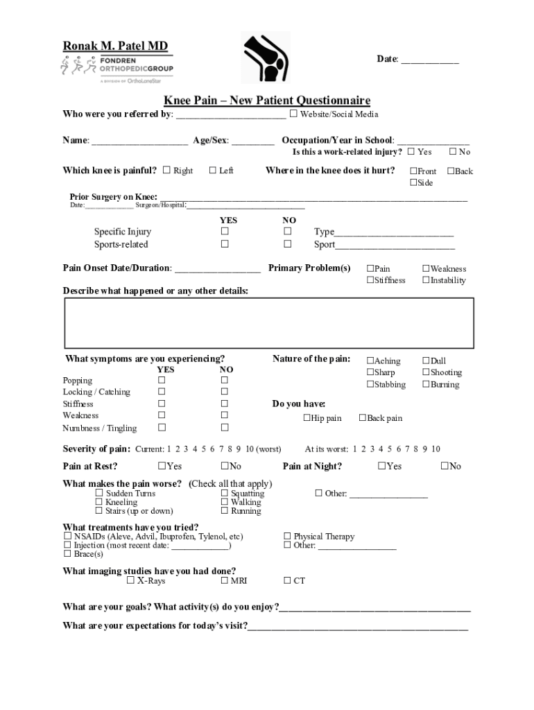 Fillable Online Ronak M. Patel MD Knee PainNew Patient Questionnaire ...