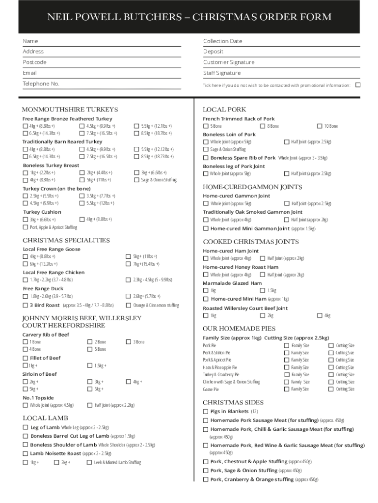 Fillable Online Christmas Order Form - Neil Powell Butchers Fax Email ...