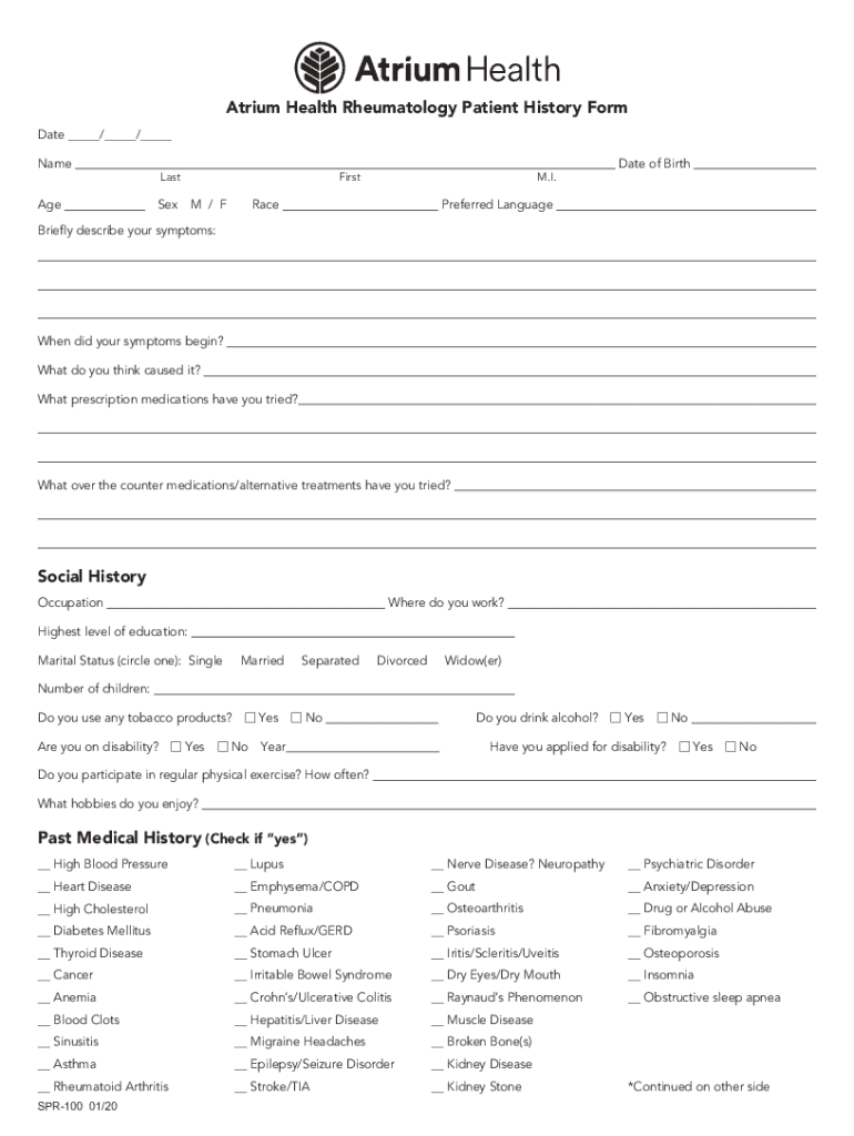 Fillable Online Atrium Health Rheumatology Patient History Form Social ...