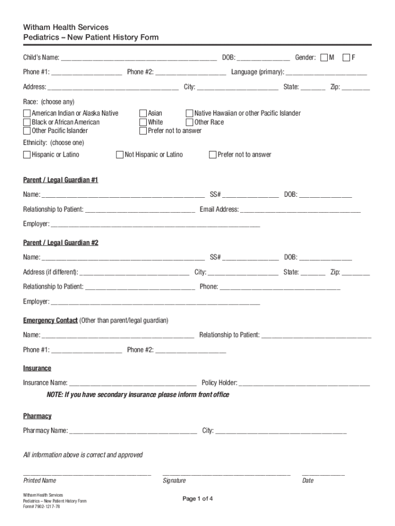 Fillable Online Witham Health Services Pediatrics New Patient History ...