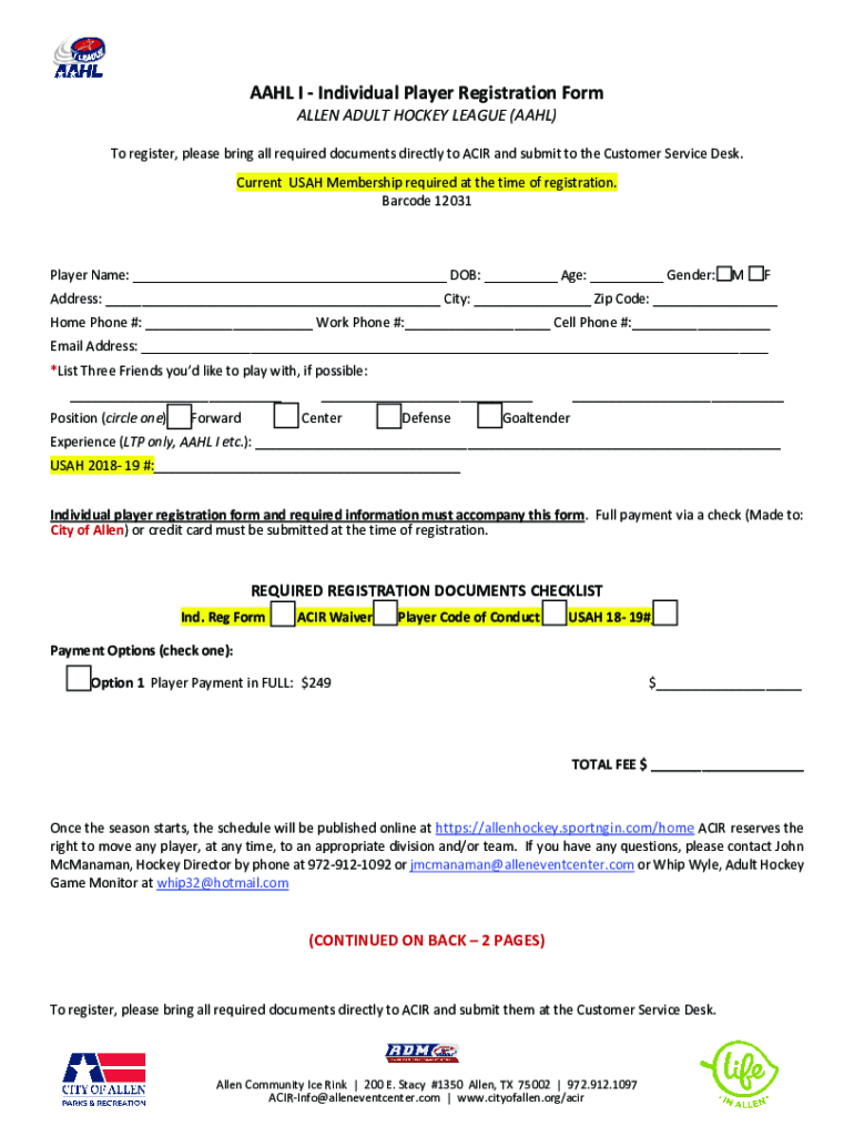 Fillable Online AAHL I - Individual Player Registration Form - ALLEN ...