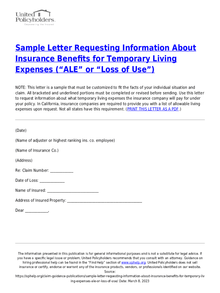 Fillable Online Additional Living Expenses (ALE) Coverage in a Claim ...