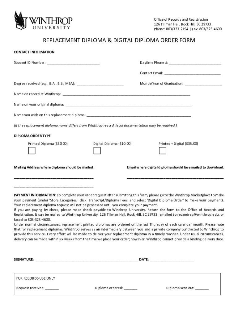 Fillable Online REPLACEMENT DIPLOMA & DIGITAL DIPLOMA ORDER FORM Fax ...