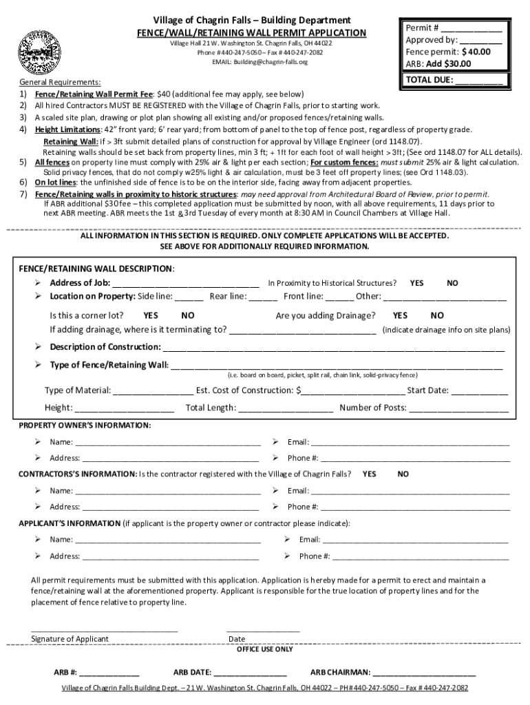 Fillable Online FENCE/WALL/RETAINING WALL PERMIT APPLICATION Village of ... Fax Email Print ...