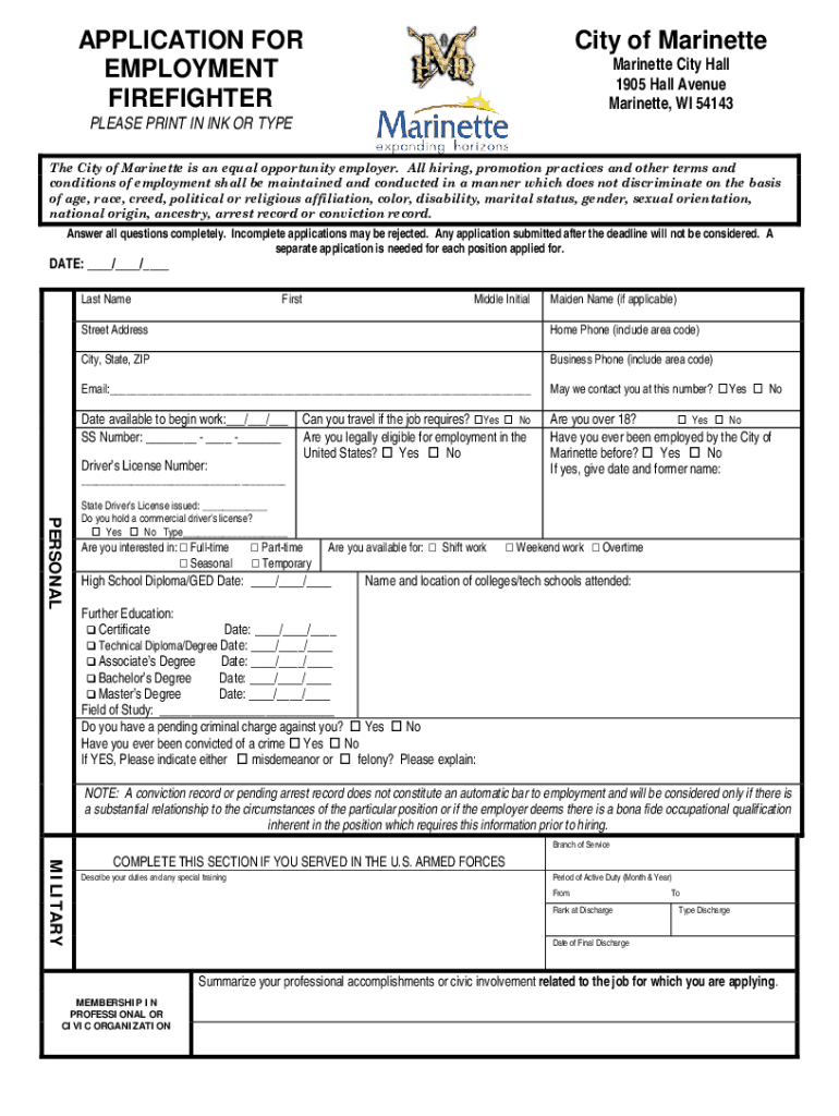 Fillable Online Fire Department Employment Application - Mt Morris ...
