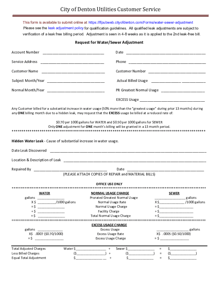 City of Denton Water/Sewer Adjustment Form - Blank Fillable Template ...