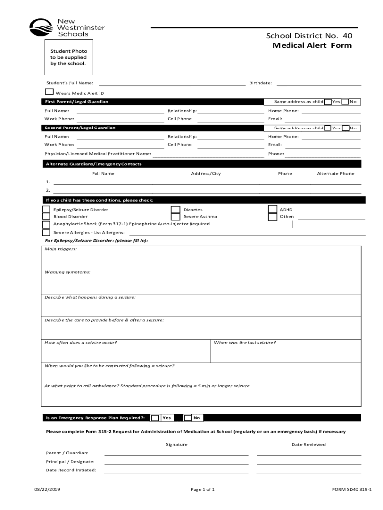 Fillable Online School District No. 40 Medical Alert Form Fax Email ...