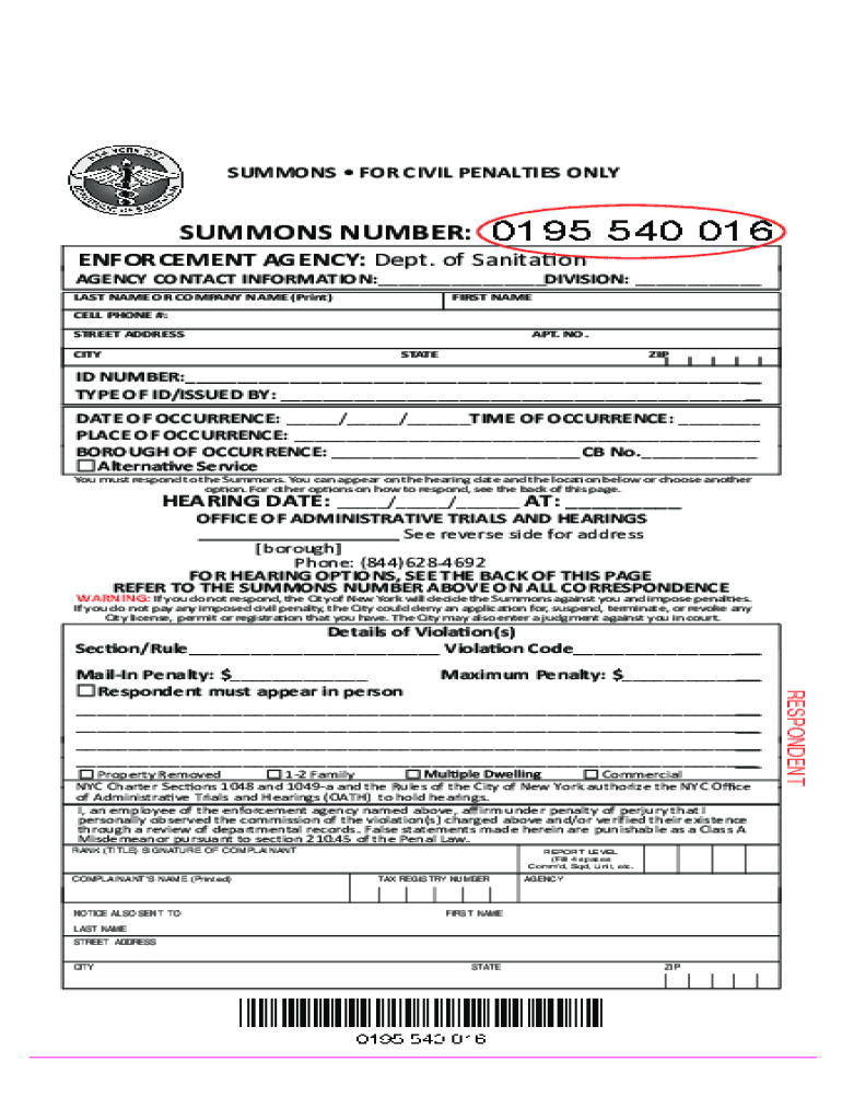 Fillable Online Nyc Oath Summons Codes - Fill Online, Printable ...