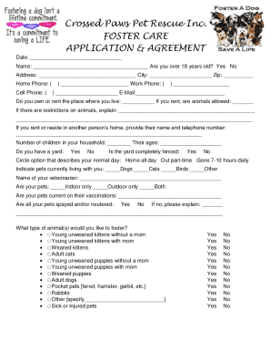 Fillable Online Crossed Paws Pet Rescue Inc. FOSTER CARE APPLICATION ...