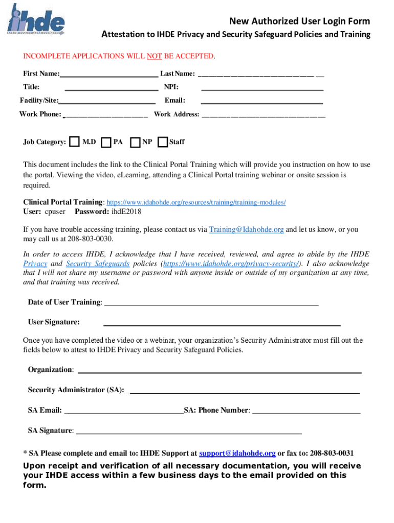 Fillable Online New Authorized User Login Form Attestation to IHDE ...