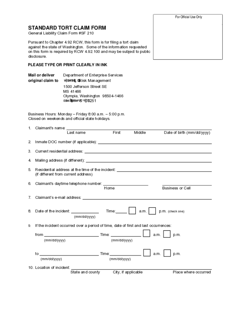 Fillable Online des wa Standard Tort Claim Form packet - Grant PUD Fax ...