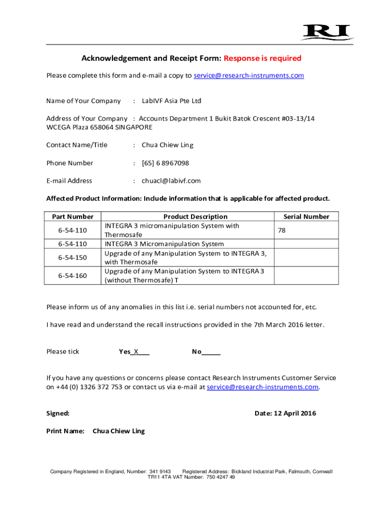 Fillable Online Acknowledgement and Receipt Form: Response is required ...