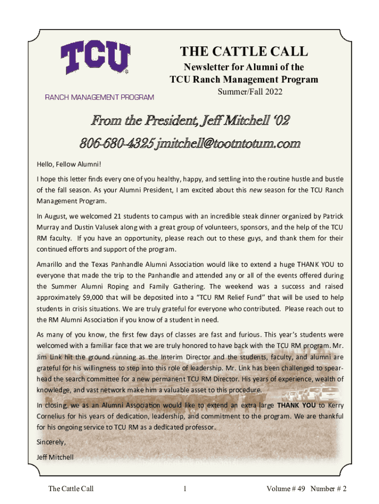 Fillable Online TCU Ranch Management Alumni and Family Summer Gathering ...