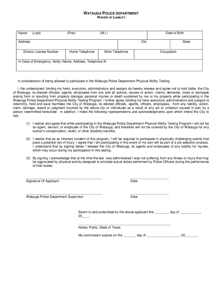 Fillable Online Watauga Police Department - Waiver of Liability Fax Email Print - pdfFiller