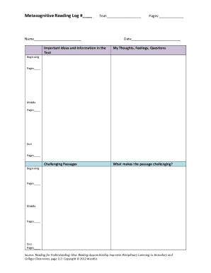 Fillable Online Metacognitive Reading Log Template - Reading ...