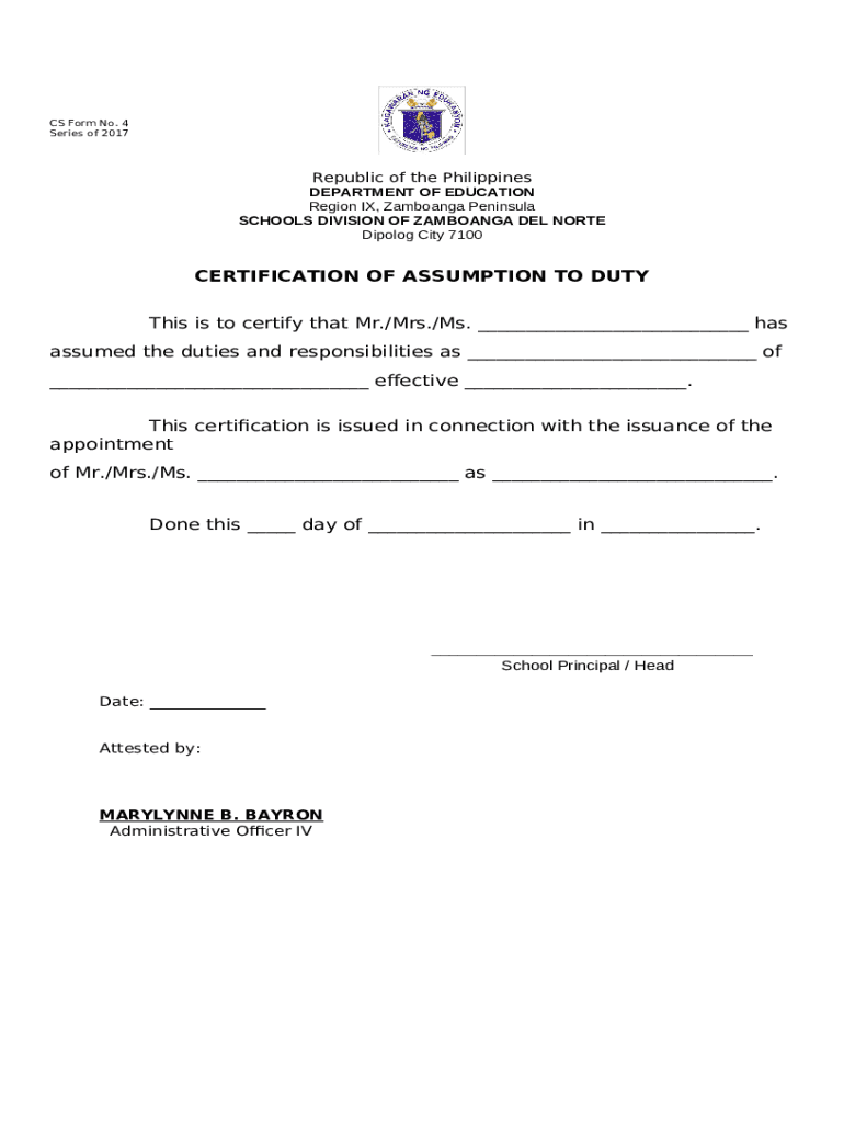 certificate of assumption to duty. Doc Template | pdfFiller