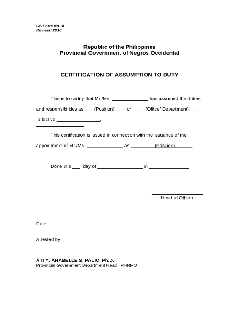 CERTIFICATE OF ASSUMPTION TO DUTY - CS No. 4 ... Doc Template | pdfFiller