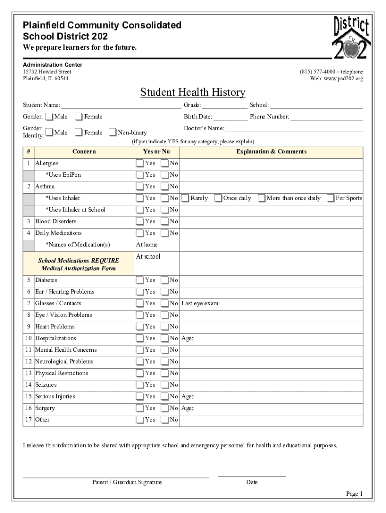 Fillable Online Returning Student Registration Packet for 6th Grade - District 202 Fax Email ...