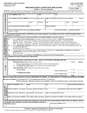 Fillable Online WISCONSIN DEATH CERTIFICATE APPLICATION - (for Mail ...