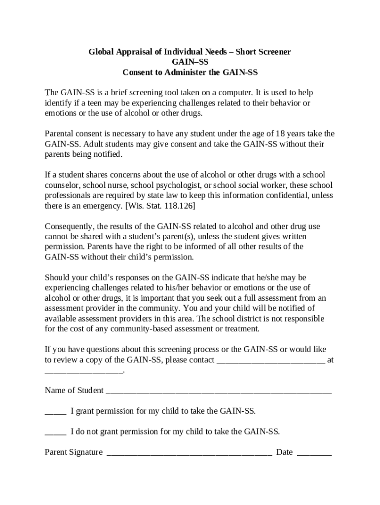 Short Screener GAINSS Consent to Administer the GAIN-SS - dpi wi Doc ...
