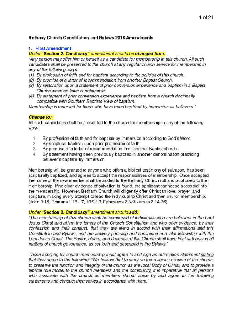 Fillable Online Bethany Church Constitution and Bylaw Amendments 2018 ...