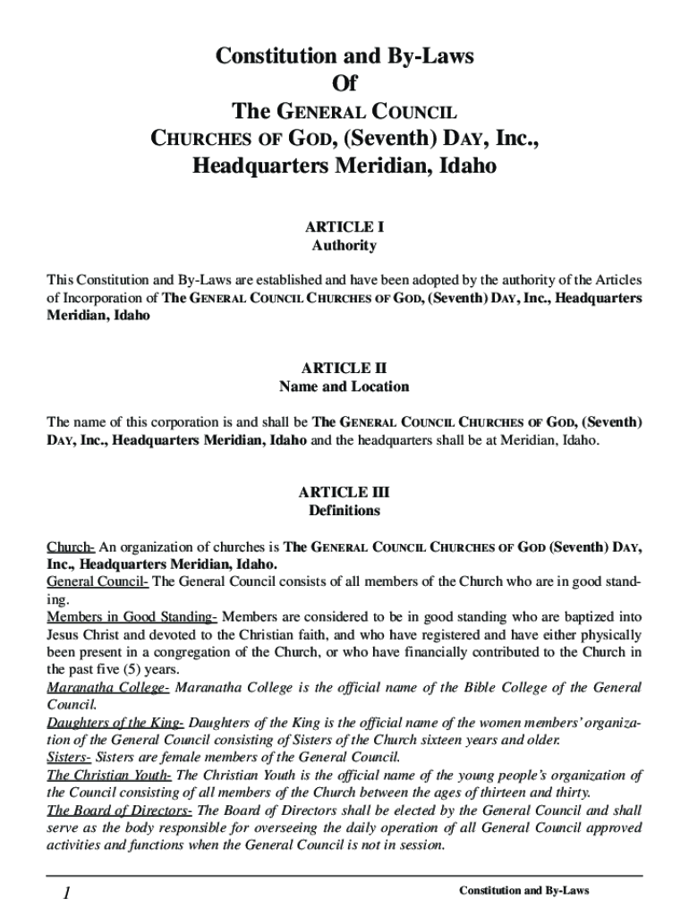 Fillable Online Constitution and By-Laws Of CHURCHES OF GOD, (Seventh ...
