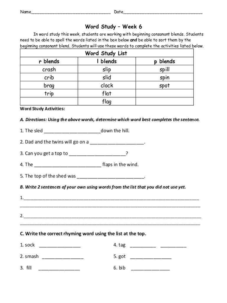 Fillable Online Word Study Week 6 Word Study List r blends l blends p blends ... Fax Email Print ...