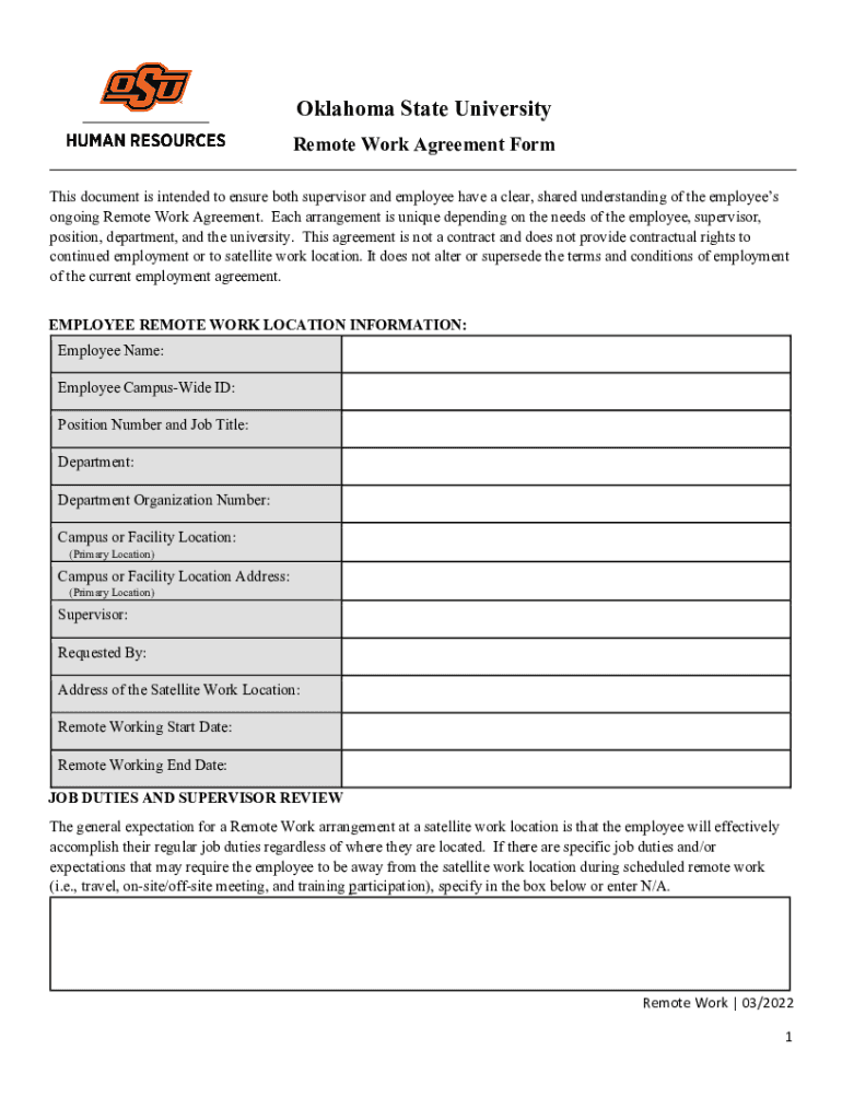Fillable Online hr okstate Remote Work Agreement Form - Oklahoma State ...