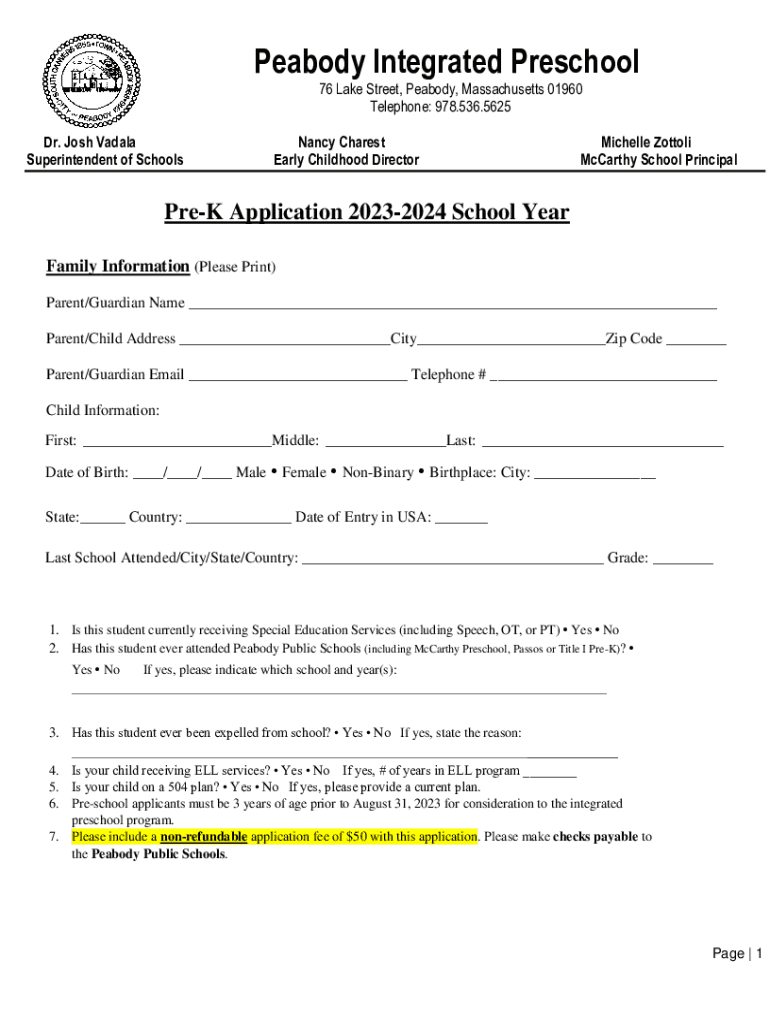 Fillable Online peabody k12 ma Peabody Integrated Preschool Fax Email Print - pdfFiller