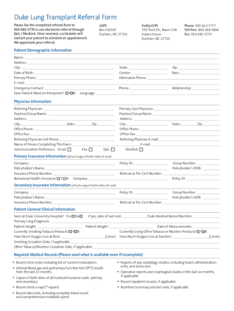 Fillable Online Duke Lung Transplant Program. Duke Lung Transplant ...