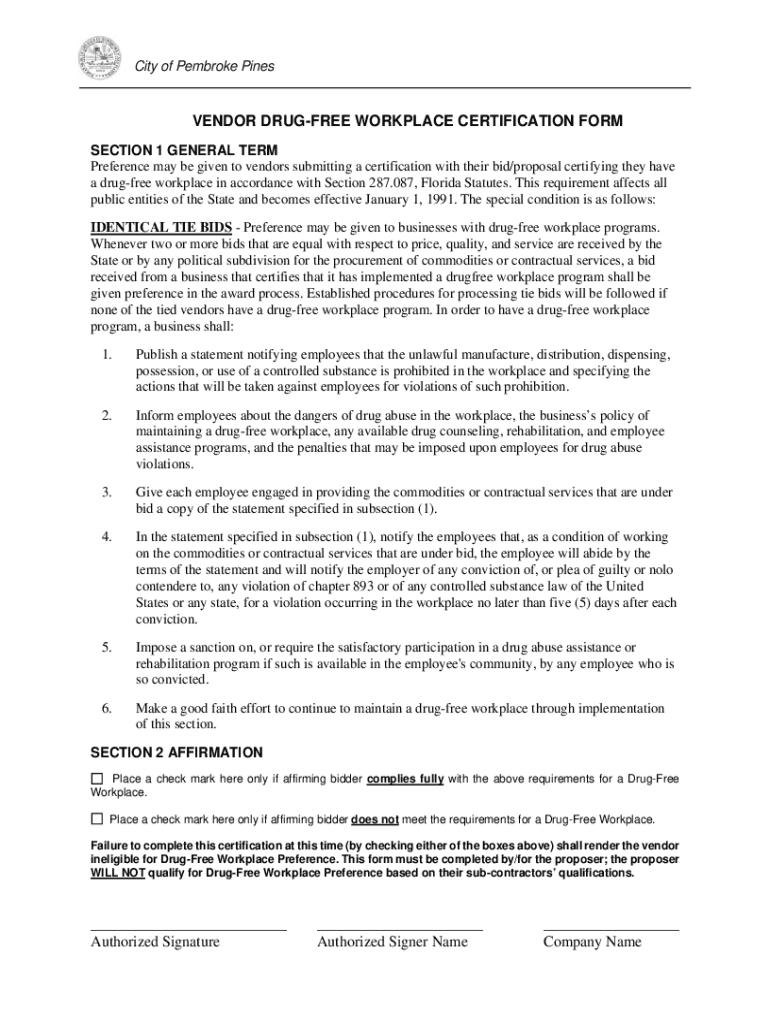Fillable Online VENDOR DRUG-FREE WORKPLACE CERTIFICATION FORM ... Fax ...
