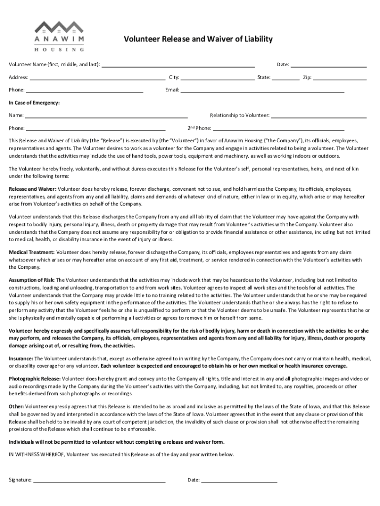 Fillable Online Volunteer Release and Waiver of Liability - Anawim Housing Fax Email Print ...