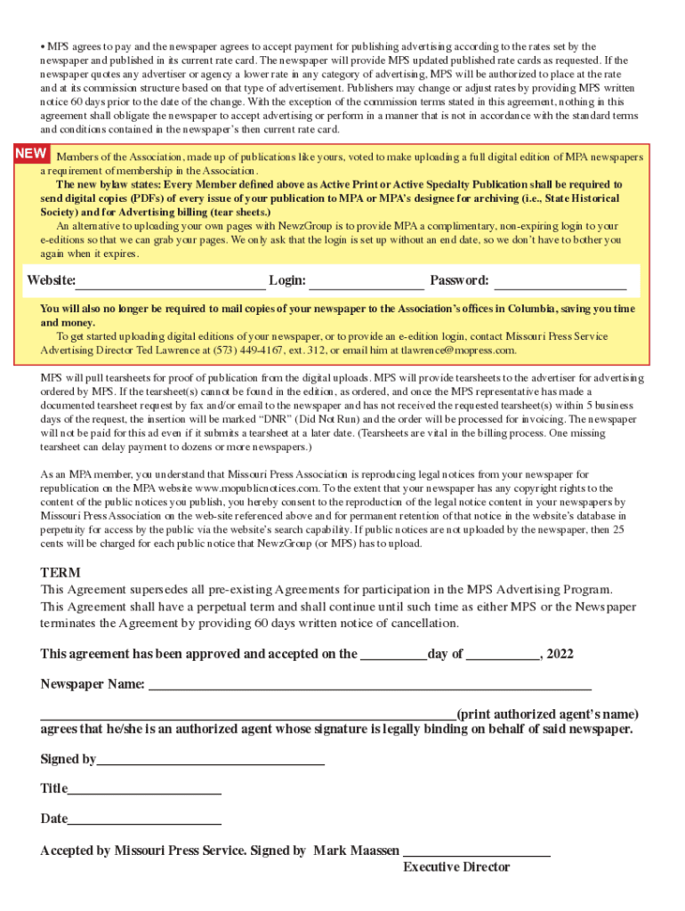 Fillable Online Agreement between MPS and Newspaper Fax Email Print ...