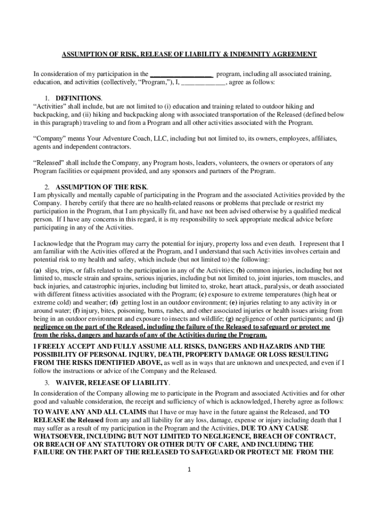 Fillable Online Assumption of Risk and Release Agreements Fax Email Print - pdfFiller