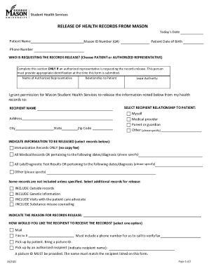 Fillable Online shs gmu Release of Health Records FROM Mason Form ...