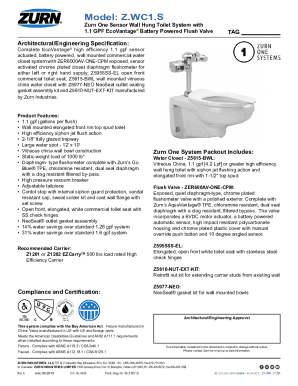 Fillable Online Zurn Z.WC1.S Zurn One Sensor Wall Hung Toilet System ...