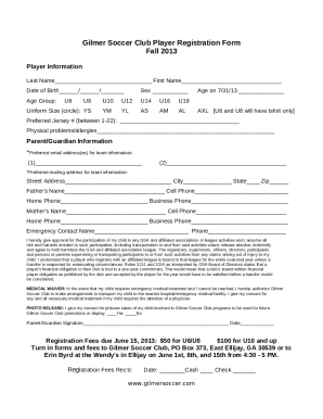 Gilmer Soccer Club Player Registration Doc Template | pdfFiller